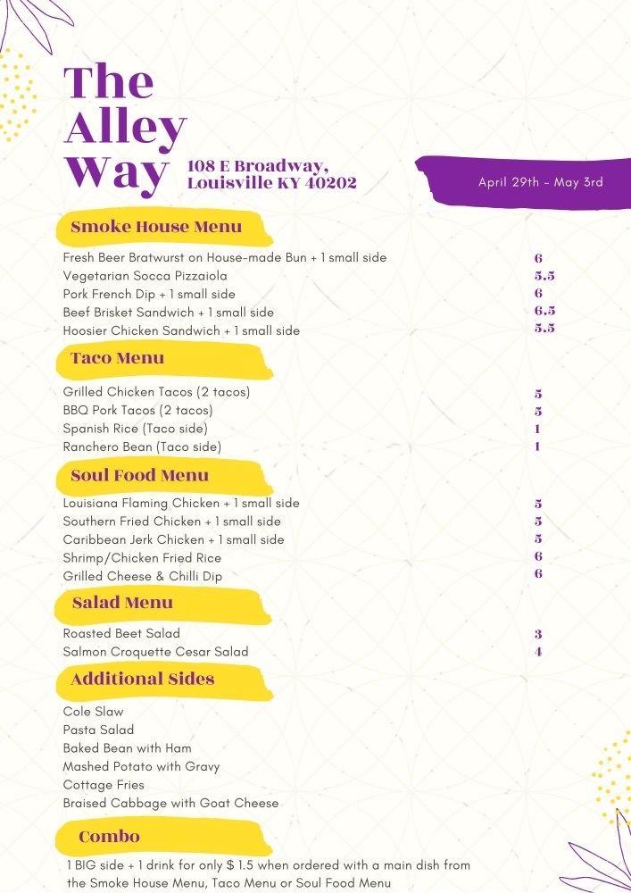 Menu at The Alley Way cafe, Louisville