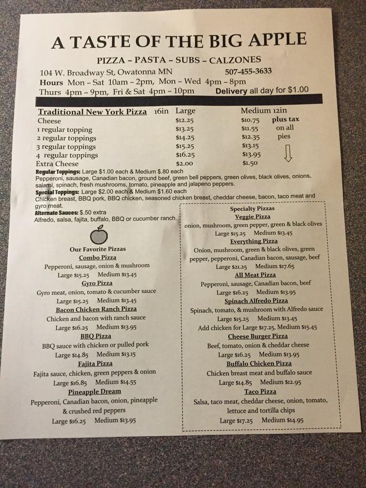 Menu at A Taste Of The Big Apple pizzeria, Owatonna