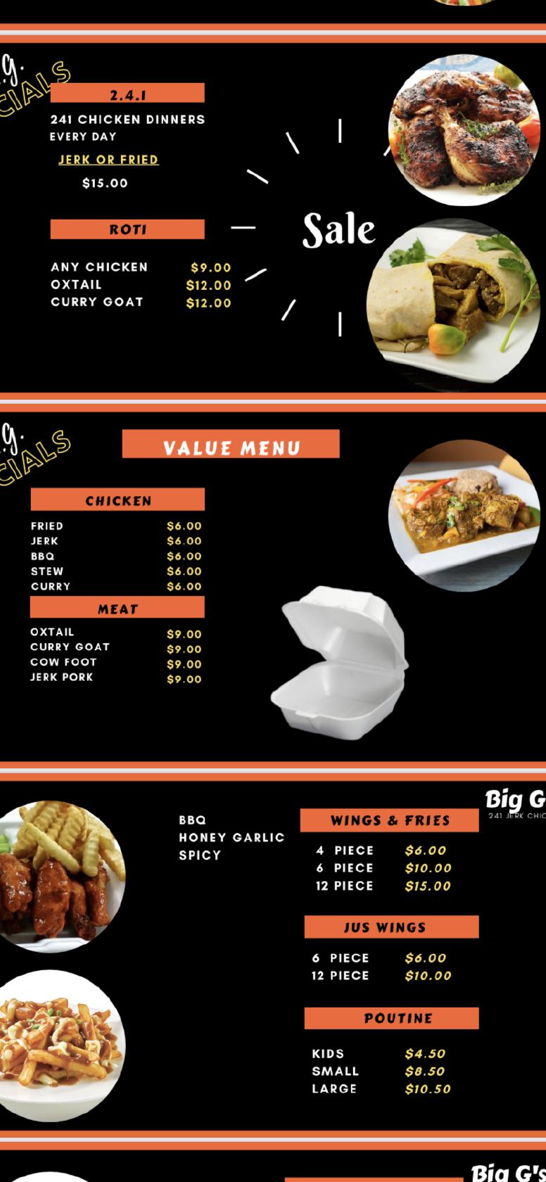 Menu at Big G’s 241 Jerk Chicken restaurant, Toronto
