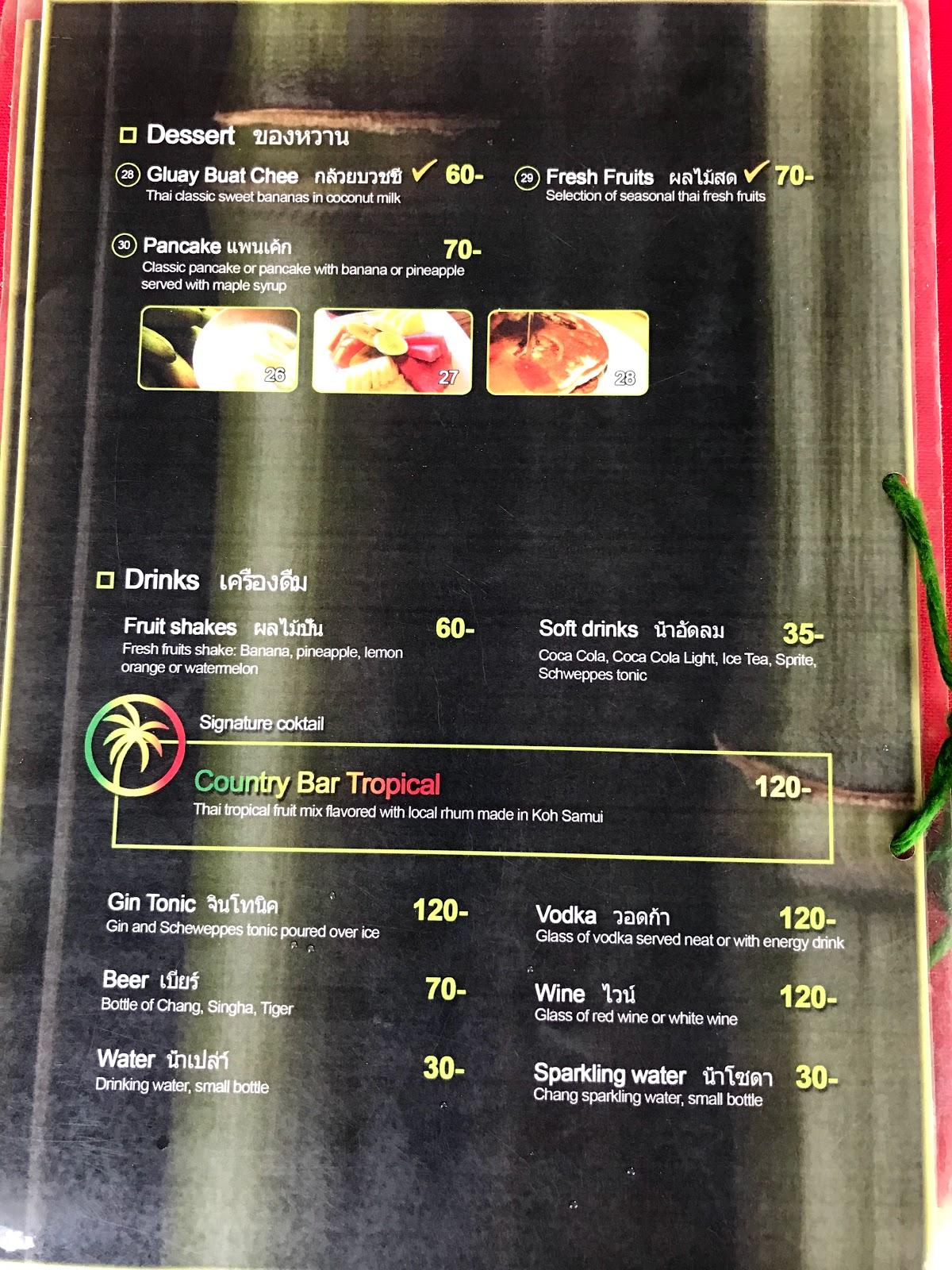 Menu at Country Bar, Ko Samui, 6 13 Plai Laem Soi 3