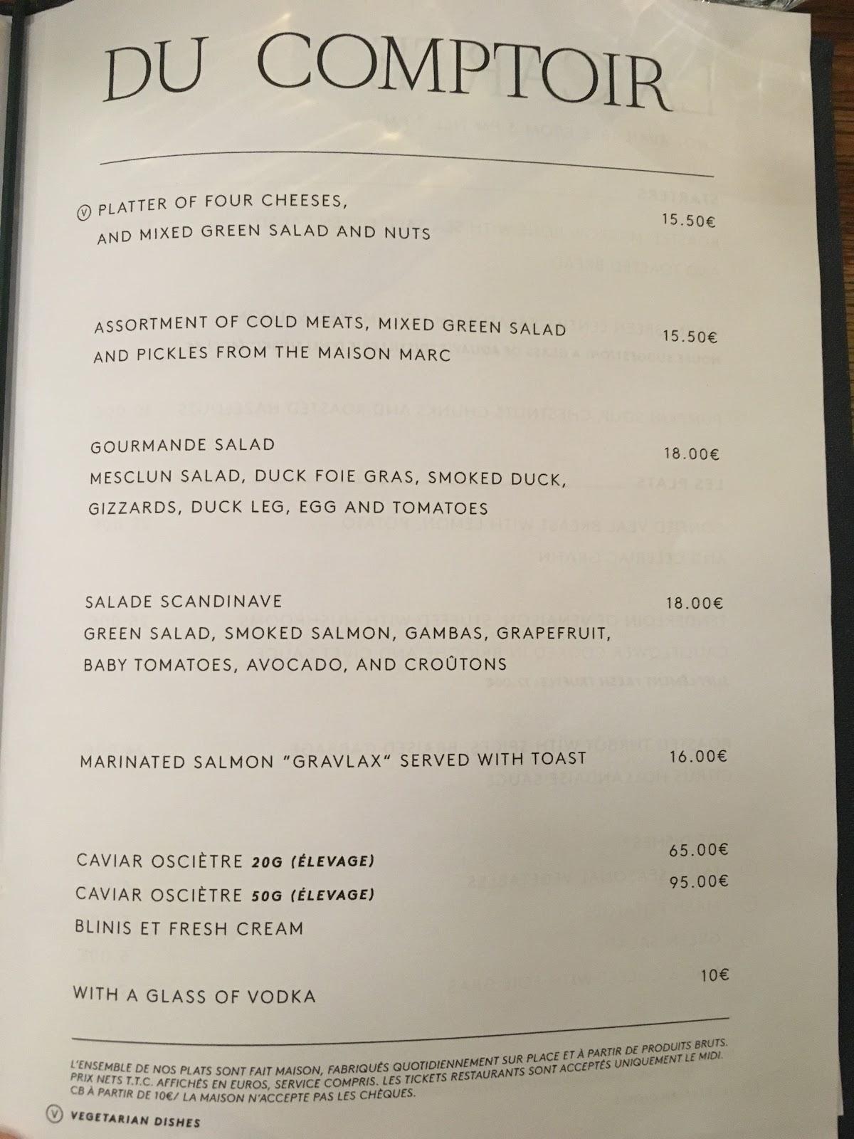 Menu at Le Comptoir de la Gastronomie restaurant, Paris
