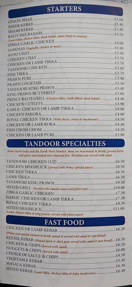 Menu at Prince Balti restaurant, Bridgend