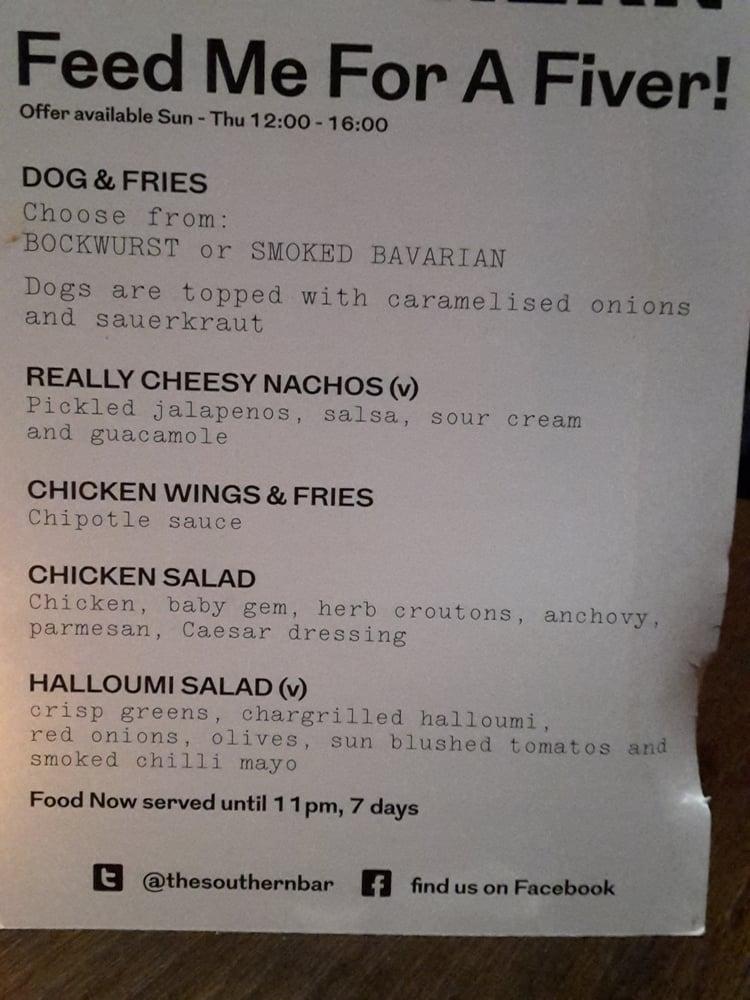 Menu at The Southern Bar, Edinburgh