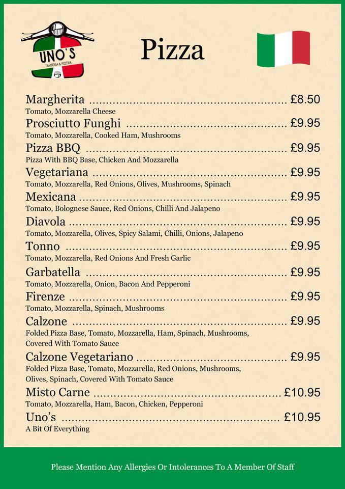Menu at Uno's Trattoria Pizzeria, Hull