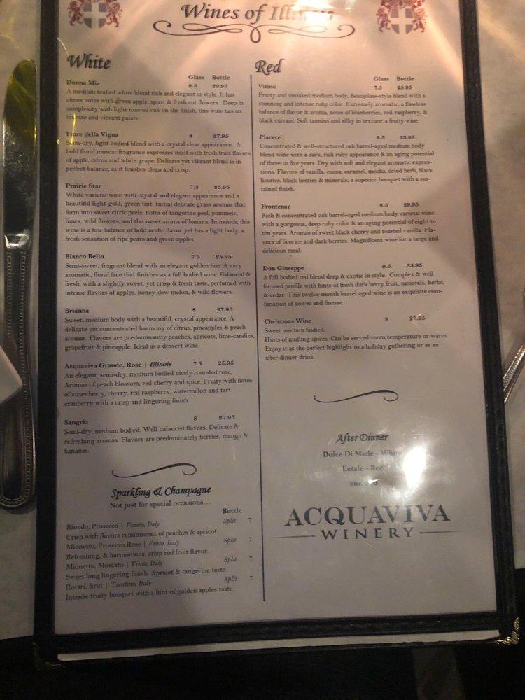 Menu at Acquaviva Winery & Ristorante Batavia restaurant, Batavia