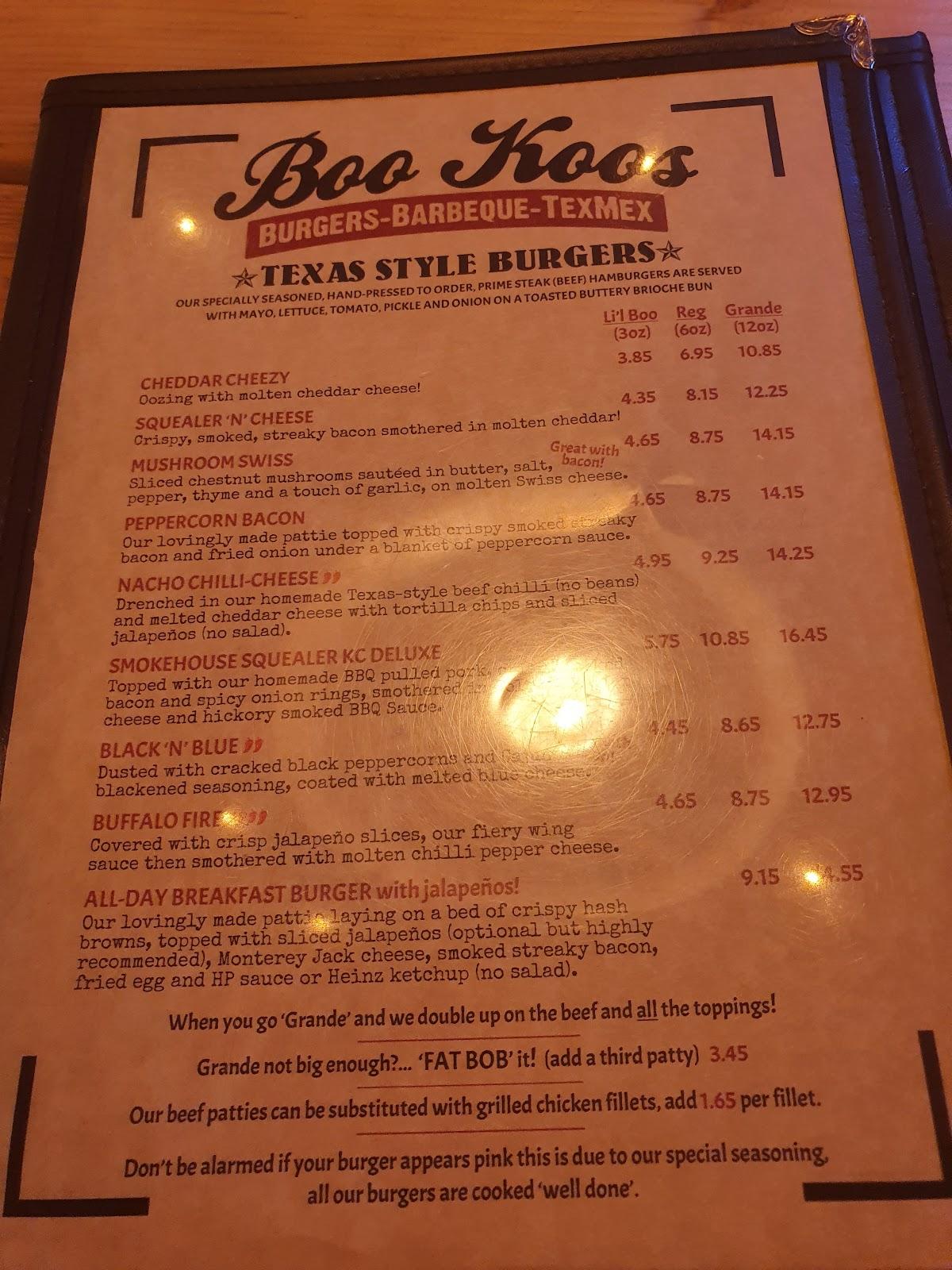 Menu at Boo Koos- Burgers-Shakes-Tex Mex restaurant, Falmouth