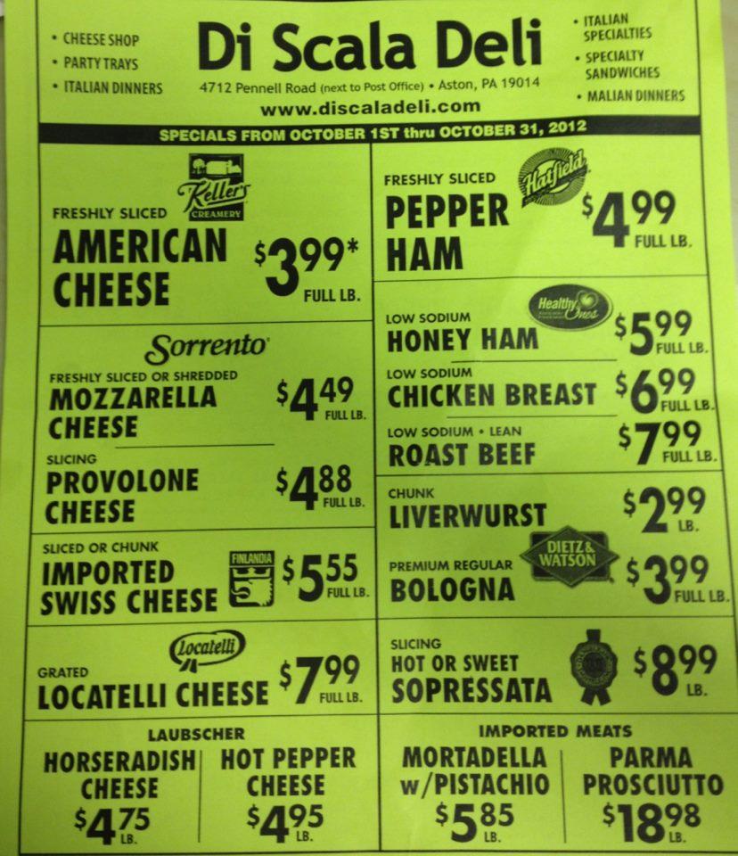 Menu at Di Scala Deli and Specialty Foods restaurant, Aston