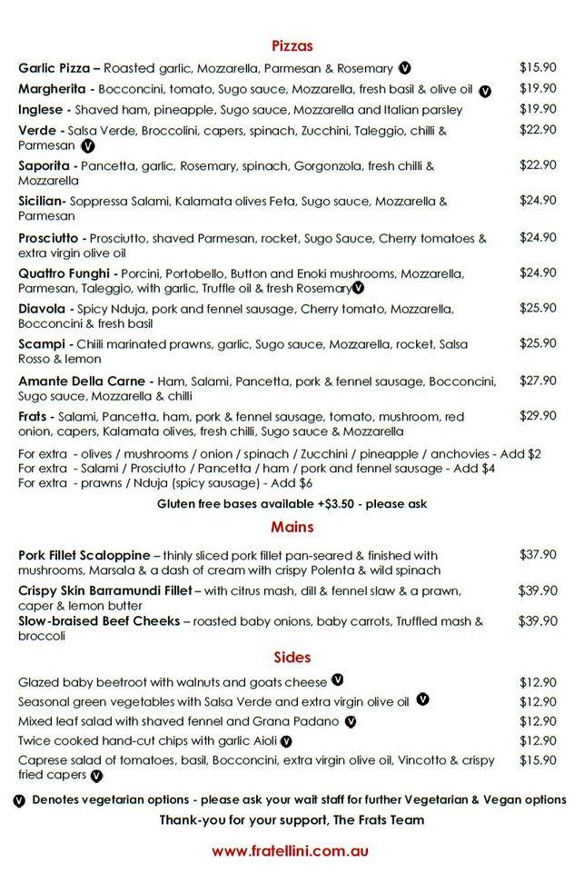 Menu at Fratellini Ristorante Italiano restaurant, Sunshine Beach