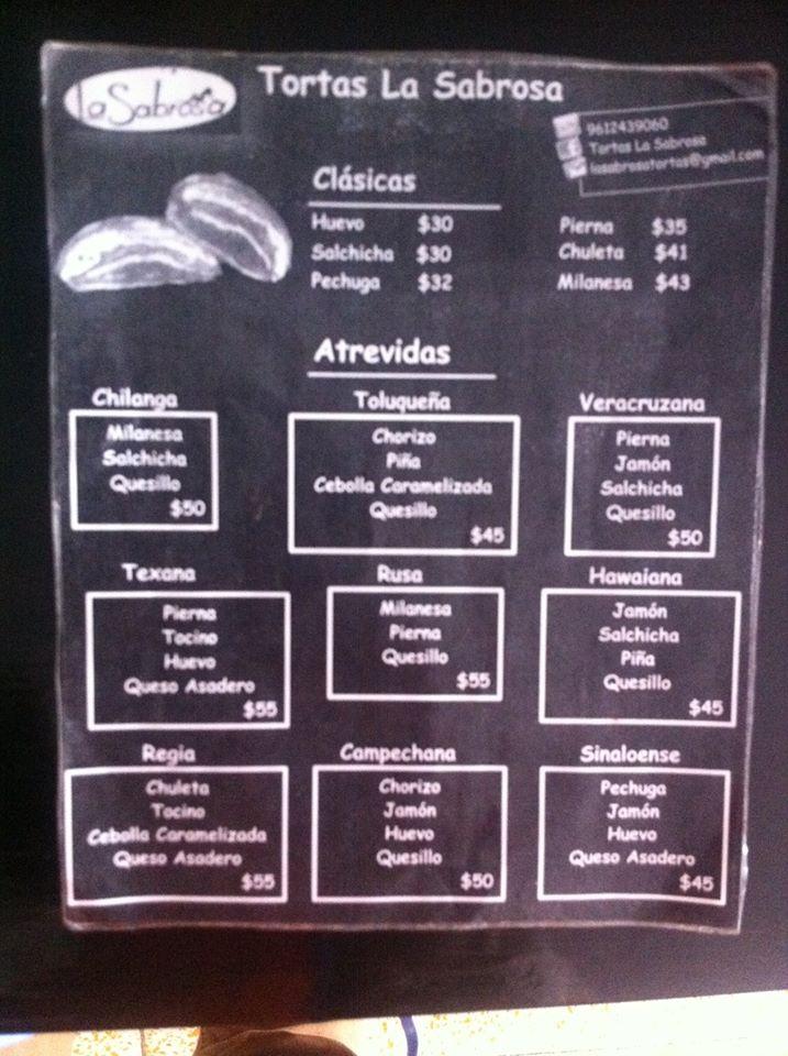 Menu at La Sabrosa Tortas restaurant, San Cristóbal de las Casas