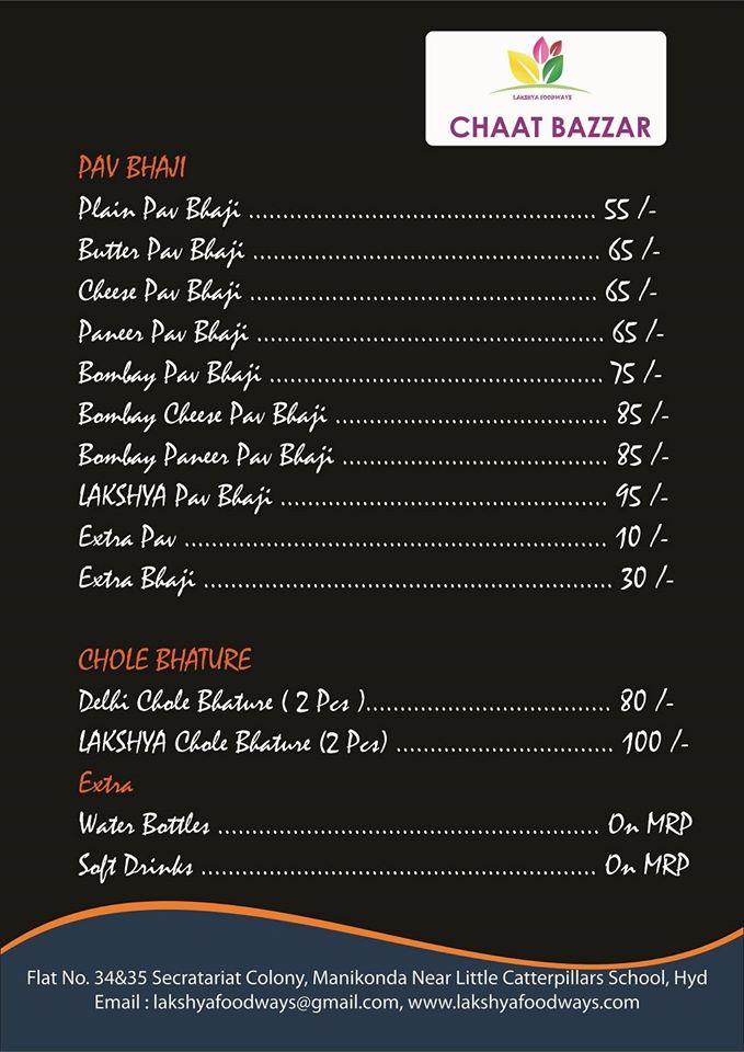 Menu at Lakshya Foodways Chaat Bazaar, Hyderabad