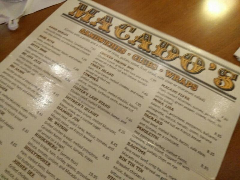 Menu at Macado's restaurant, Kingsport