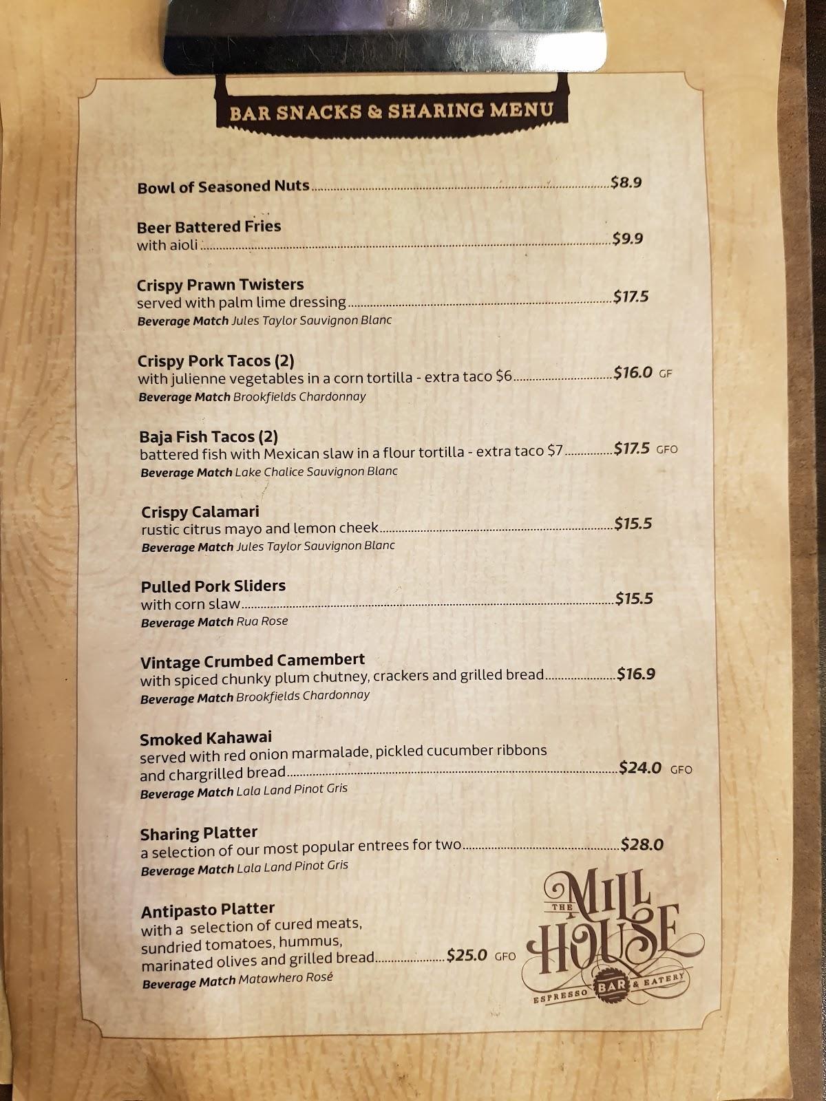 Menu at The Mill House restaurant, Tauranga