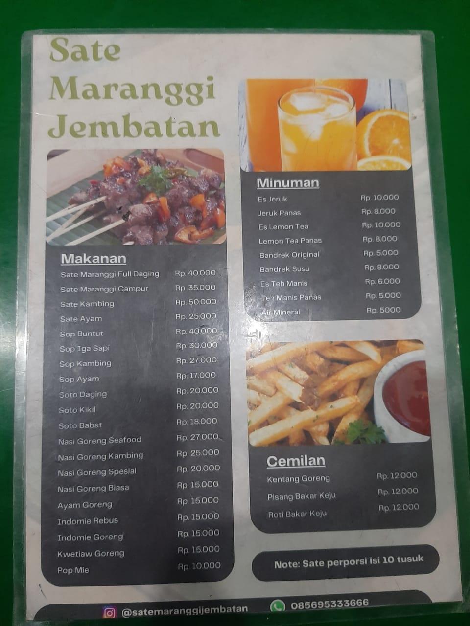 Menu at Sate Maranggi Jembatan restaurant, Indonesia