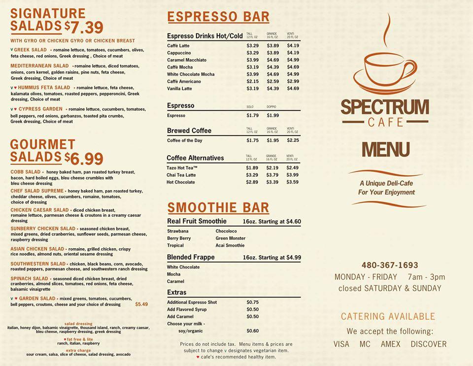 Menu at Spectrum Cafe, Scottsdale