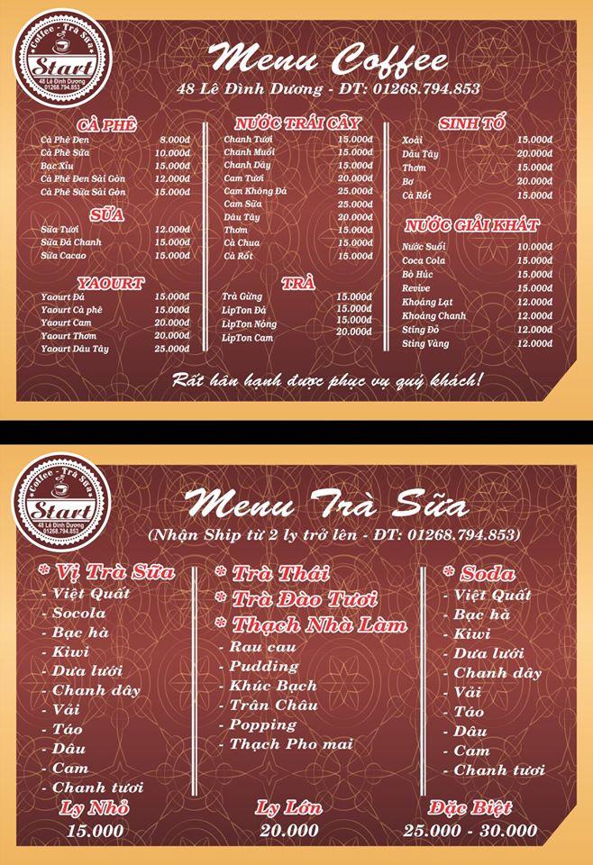 Menu at Start cafe, Da Nang