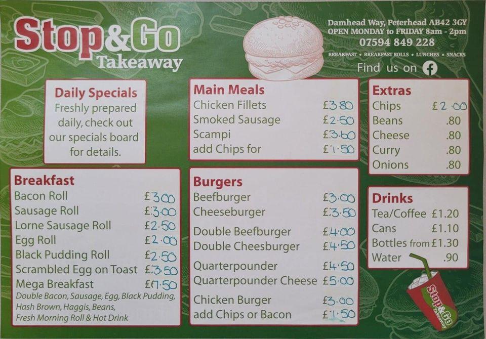 Menu at Stop & Go Takeaway restaurant, Peterhead