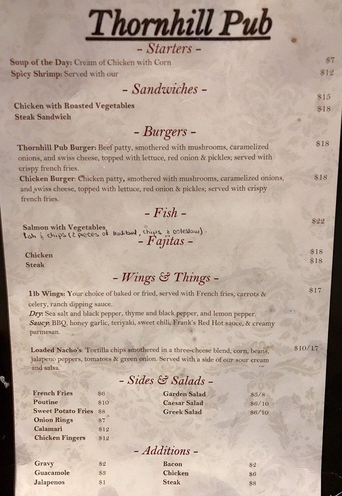 Menu at Thornhill Pub, Richmond Hill