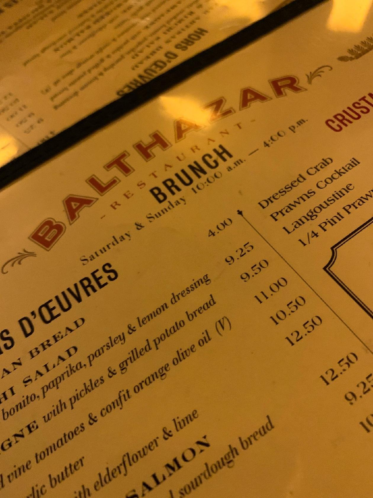 Menu at Balthazar restaurant, London