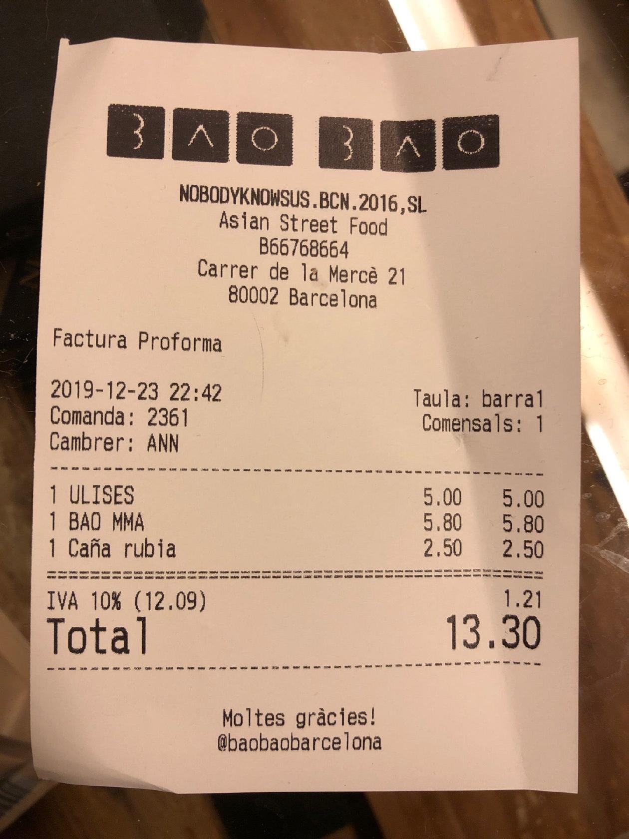 Menu at Bao Bao restaurant, Barcelona, Carrer de la Merce