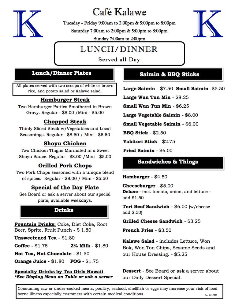 Menu at Café Kalawe restaurant, Kaneohe, 45-270 William Henry Rd