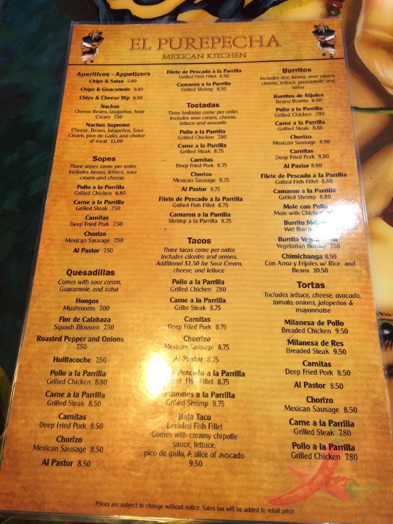 Menu at El Purepecha restaurant, Philadelphia