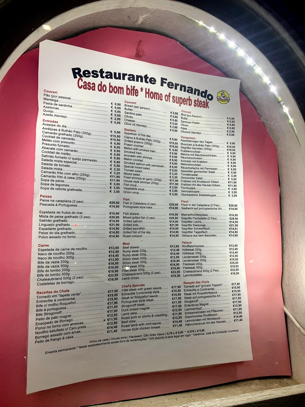Menu at Fernando restaurant, Lagos, R. da Porta de Portugal 95