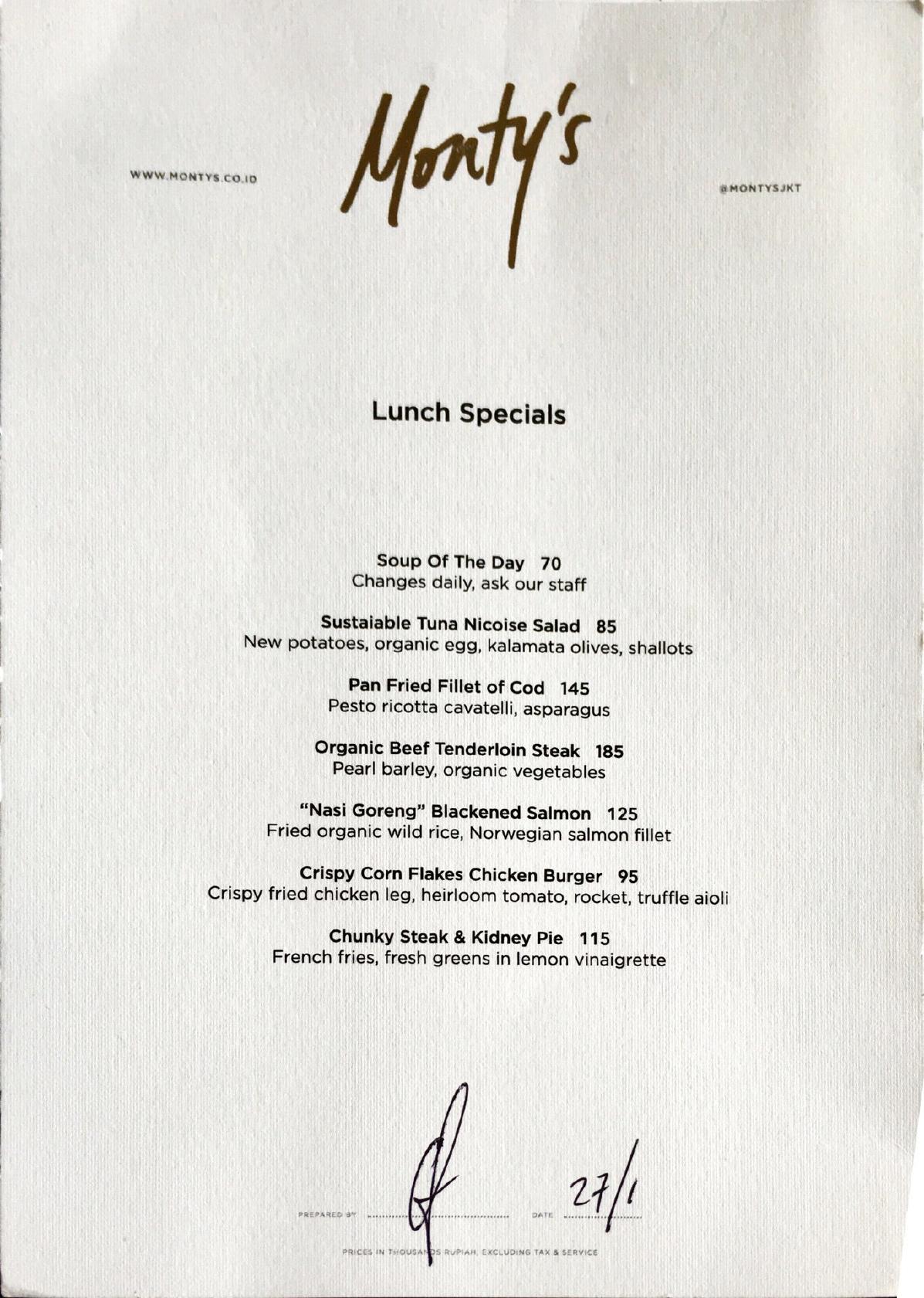 Menu at Monty's Restaurant, Jakarta