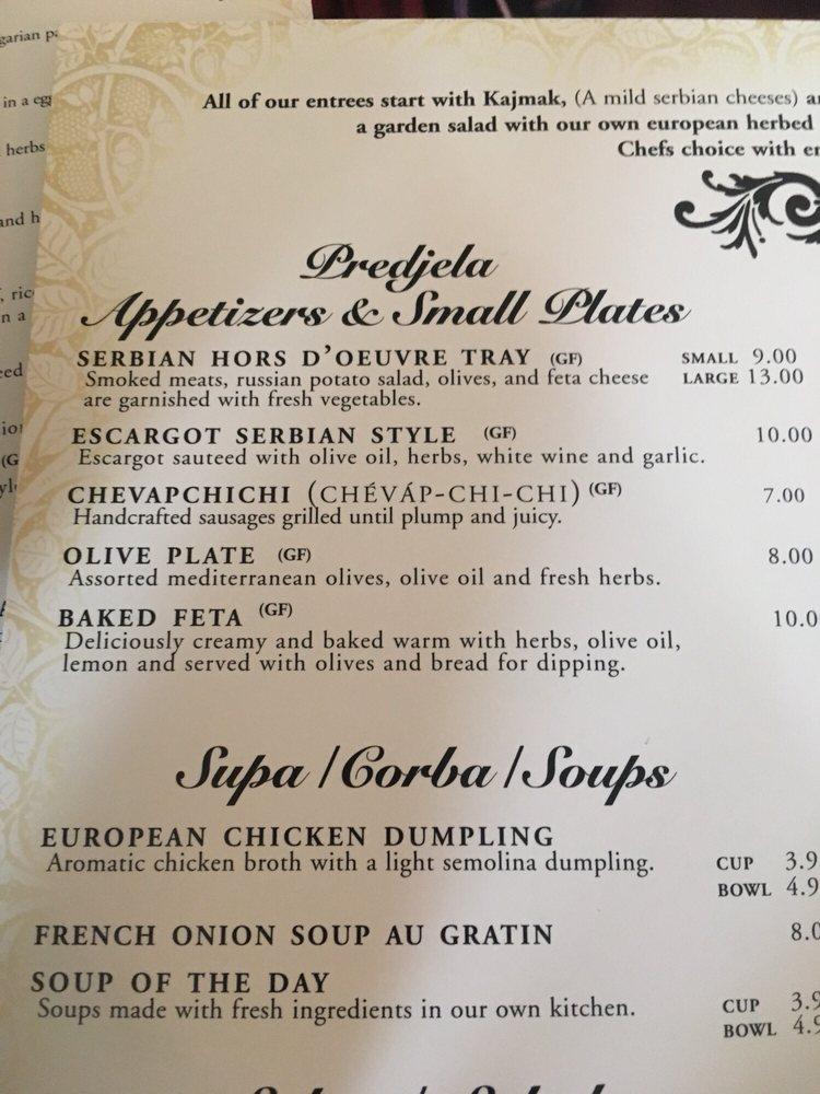 Menu at Old Town Serbian Gourmet Restaurant, Milwaukee