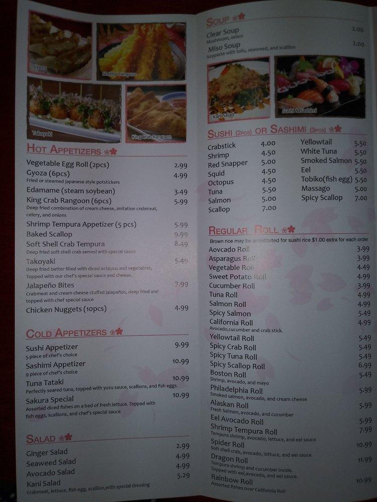 Menu at Sakura Japanese Express restaurant, Alsip