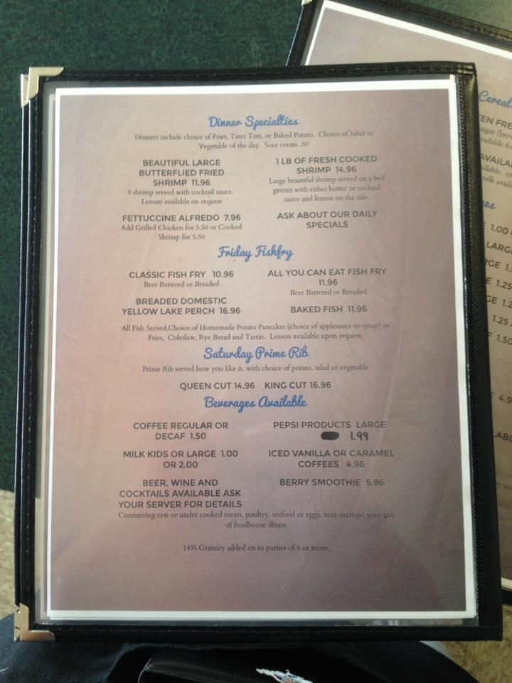 Menu at The Hideaway restaurant, Slinger