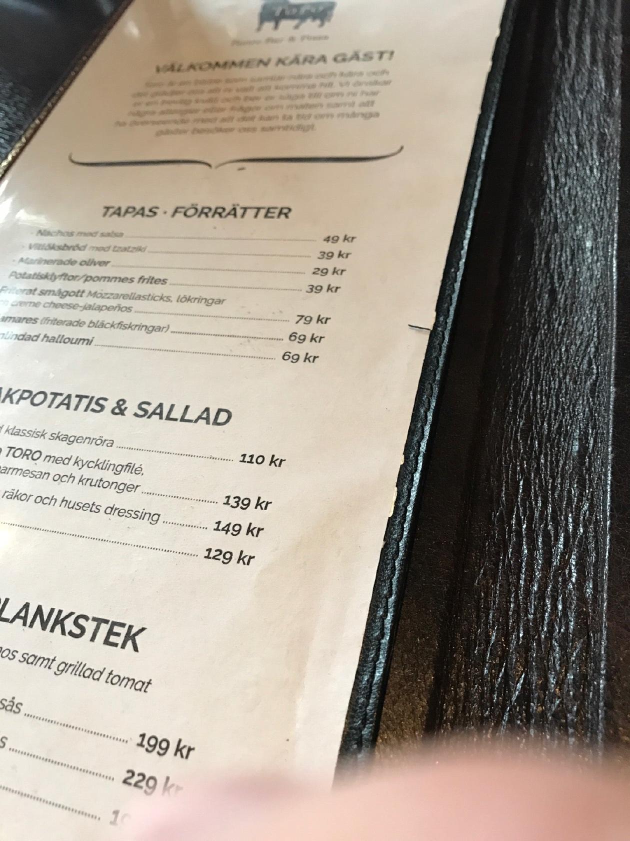 Menu at Toro restaurant, Karlskrona