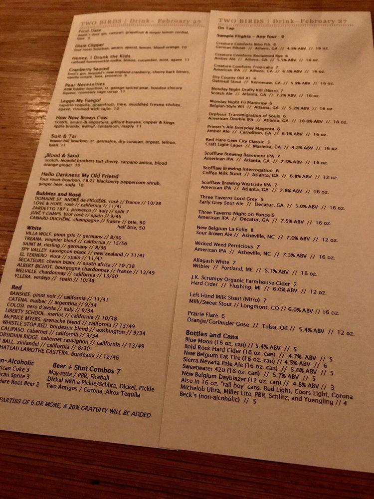 Menu at Two Birds Taphouse pub & bar, Marietta