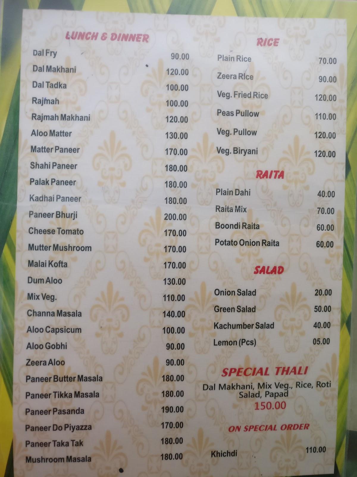 Menu at Sharma Dhaba, Dalhousie