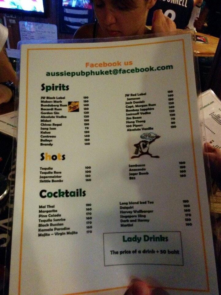 Menu at Aussie Pub Kamala, Kamala, 93/43 Moo3 Main Road