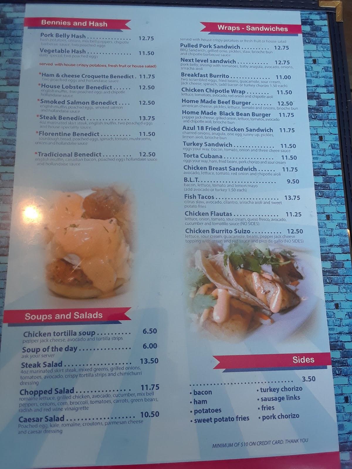Menu at Azul 18 restaurant, Chicago