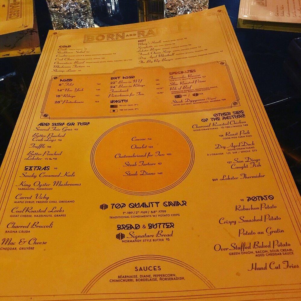 Menu at Born and Raised steakhouse, San Diego, India St