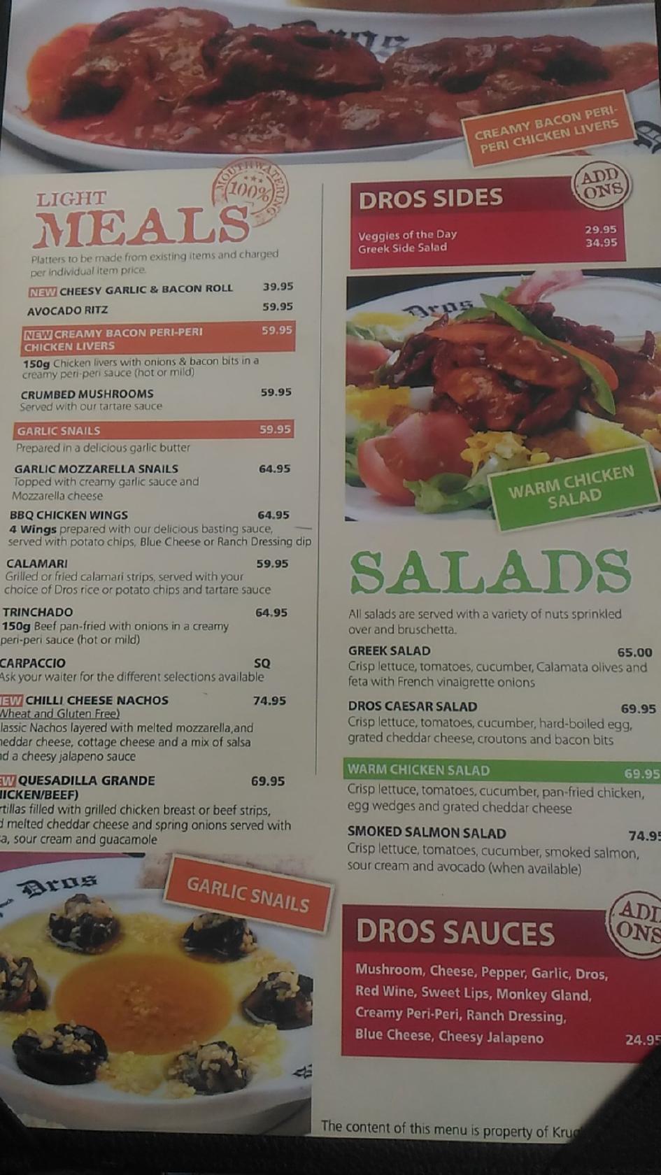 Menu at Dros Krugersdorp restaurant, Krugersdorp, Heritage Square Cecil ...