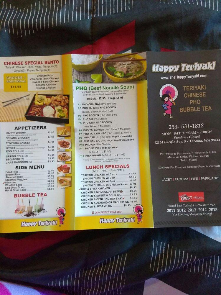 Menu at Happy Teriyaki restaurant, Tacoma, Pacific Ave S