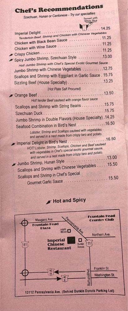 Menu at Imperial restaurant, Hagerstown