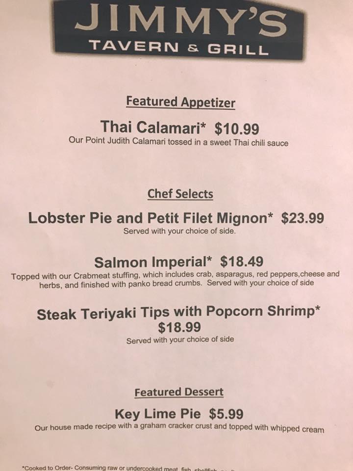 Menu at Jimmy's Tavern & Grill steakhouse, Shrewsbury
