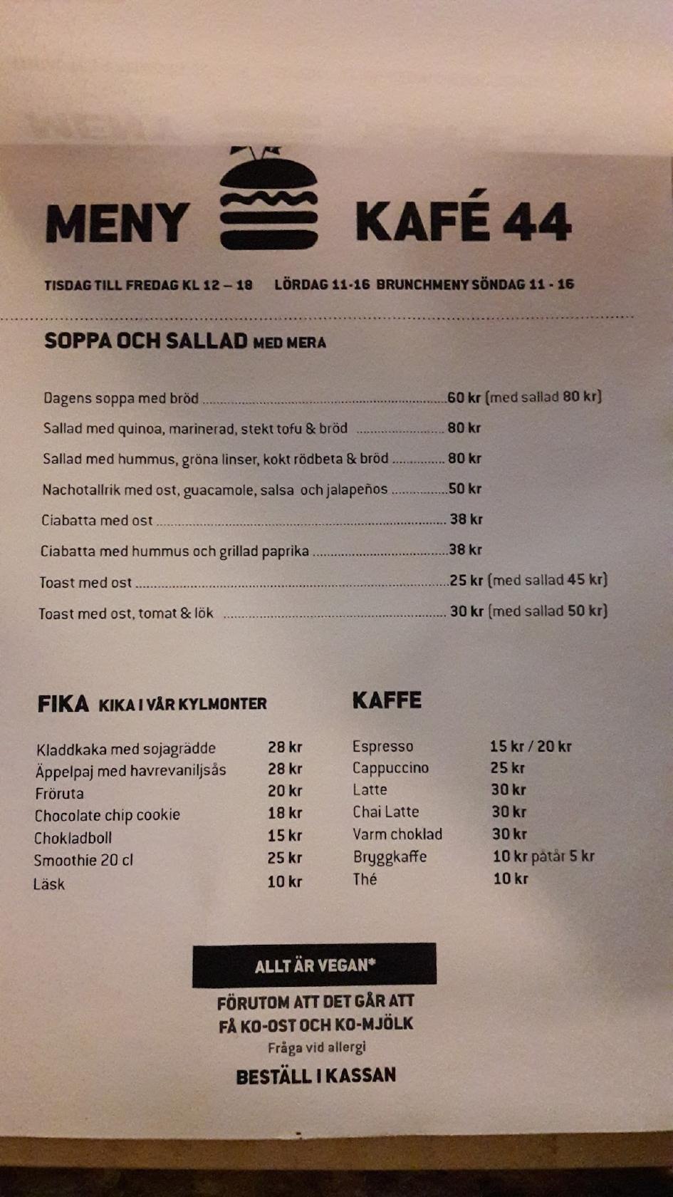 Menu at Kafé 44 cafe, Stockholm, Tjärhovsgatan 46