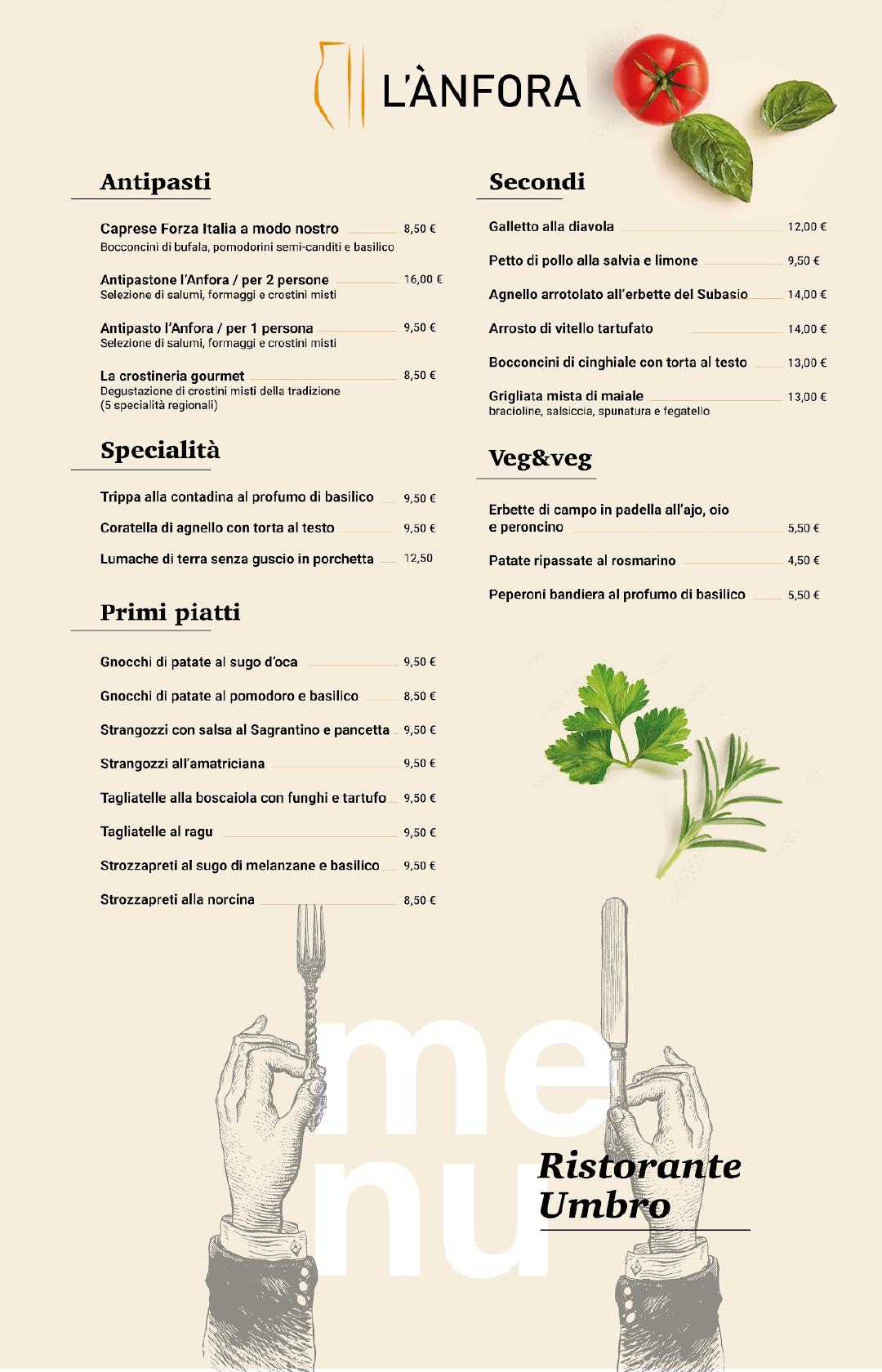 Menu au L' Anfora restaurant, Deruta