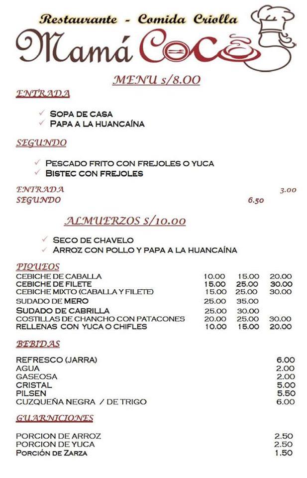 Menu at Mamá Coco restaurant, Piura