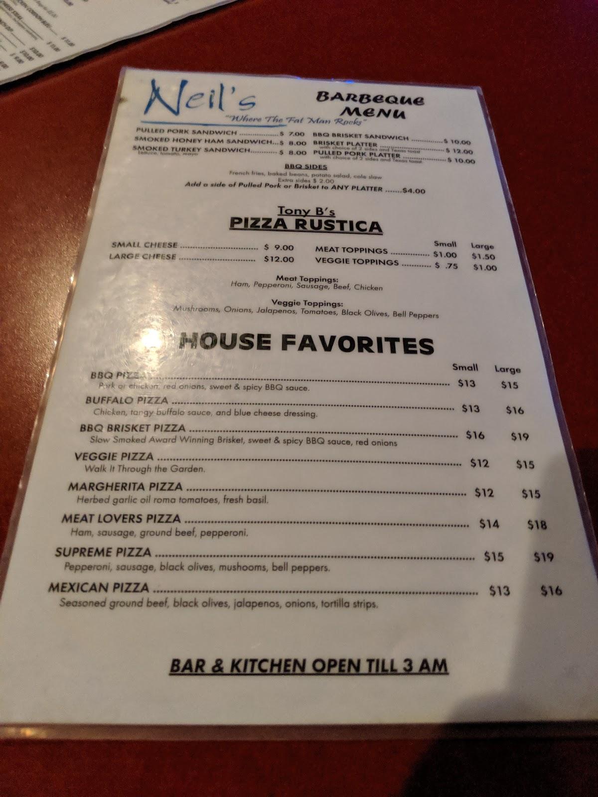 Menu at Neil's Music Room pub & bar, Memphis, Quince Rd