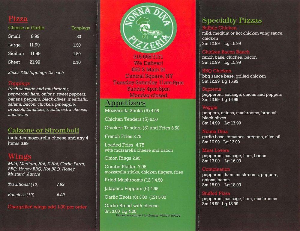 Menu at Nonna Dina Pizzeria, Central Square