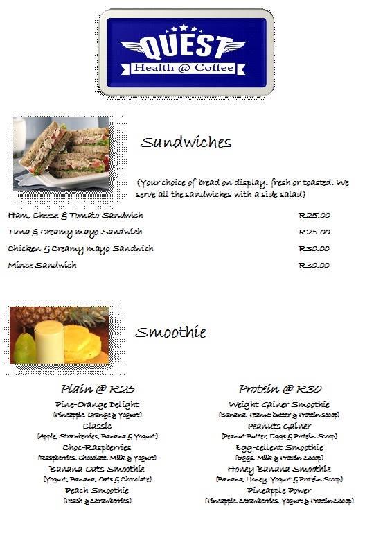 Menu at Quest Health at Coffee restaurant, Bloemfontein