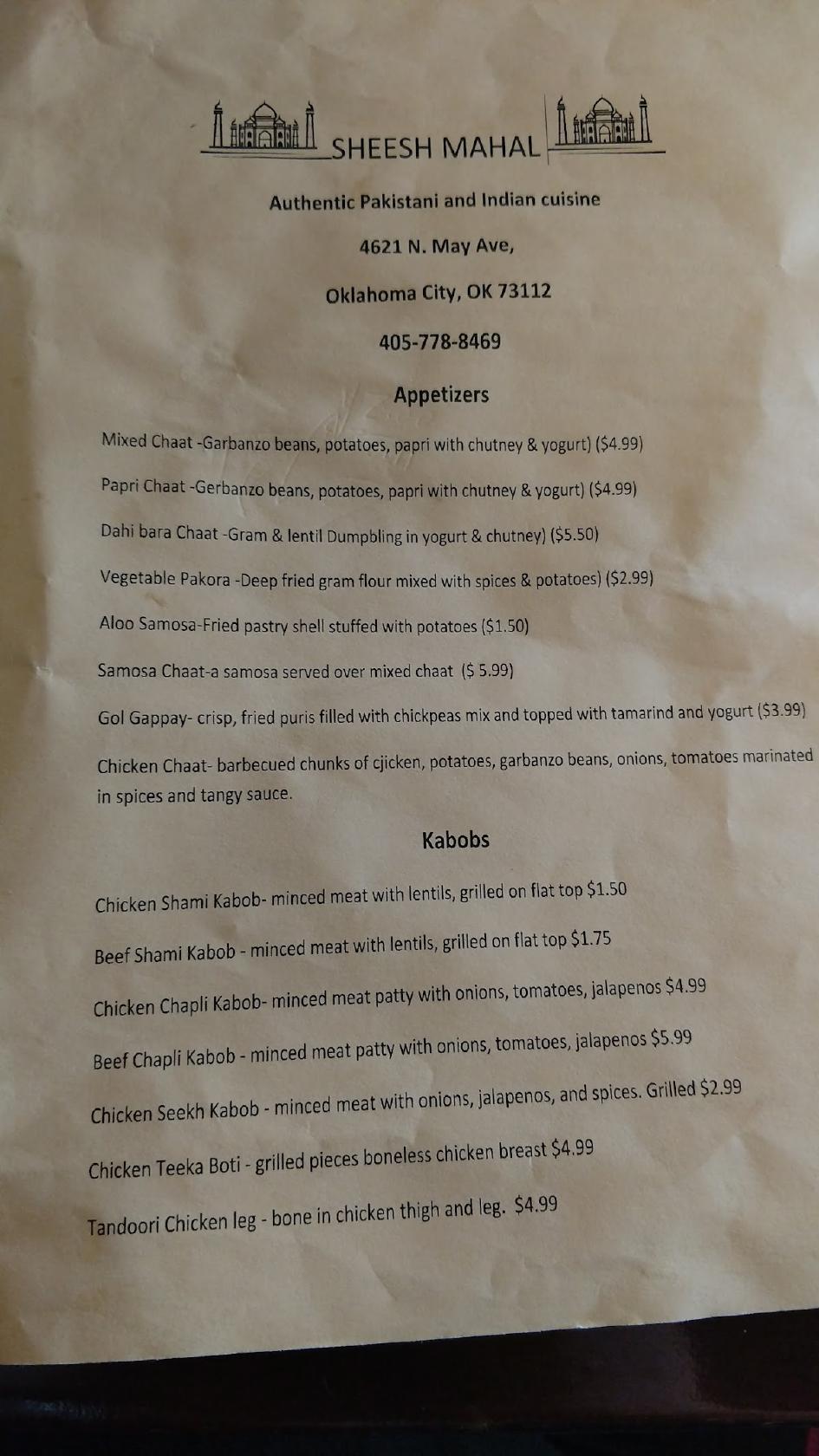 Menu at Sheesh Mahal restaurant, Oklahoma City