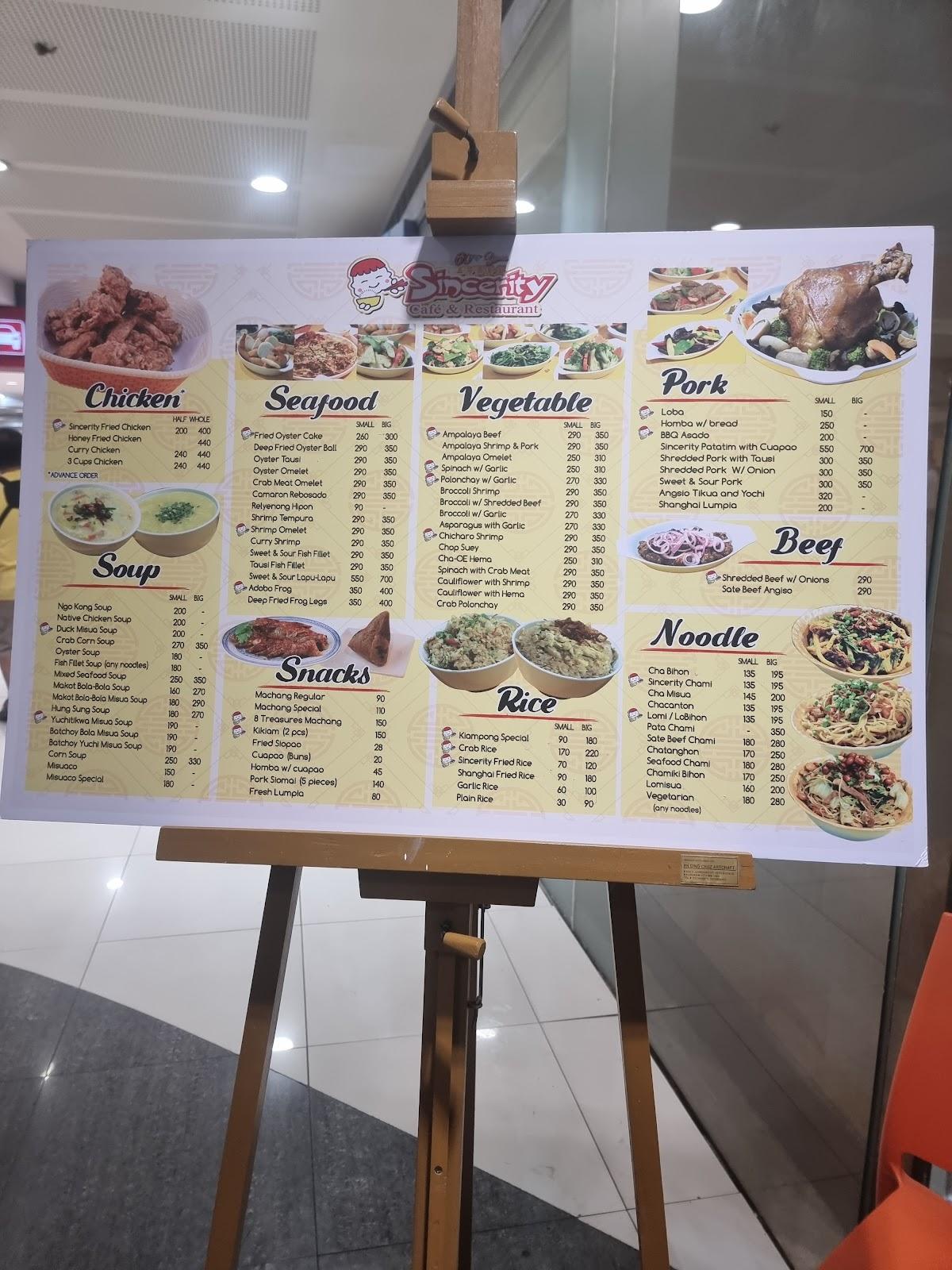 Menu at Sincerity Express Cafe and Restaurants, Mandaluyong