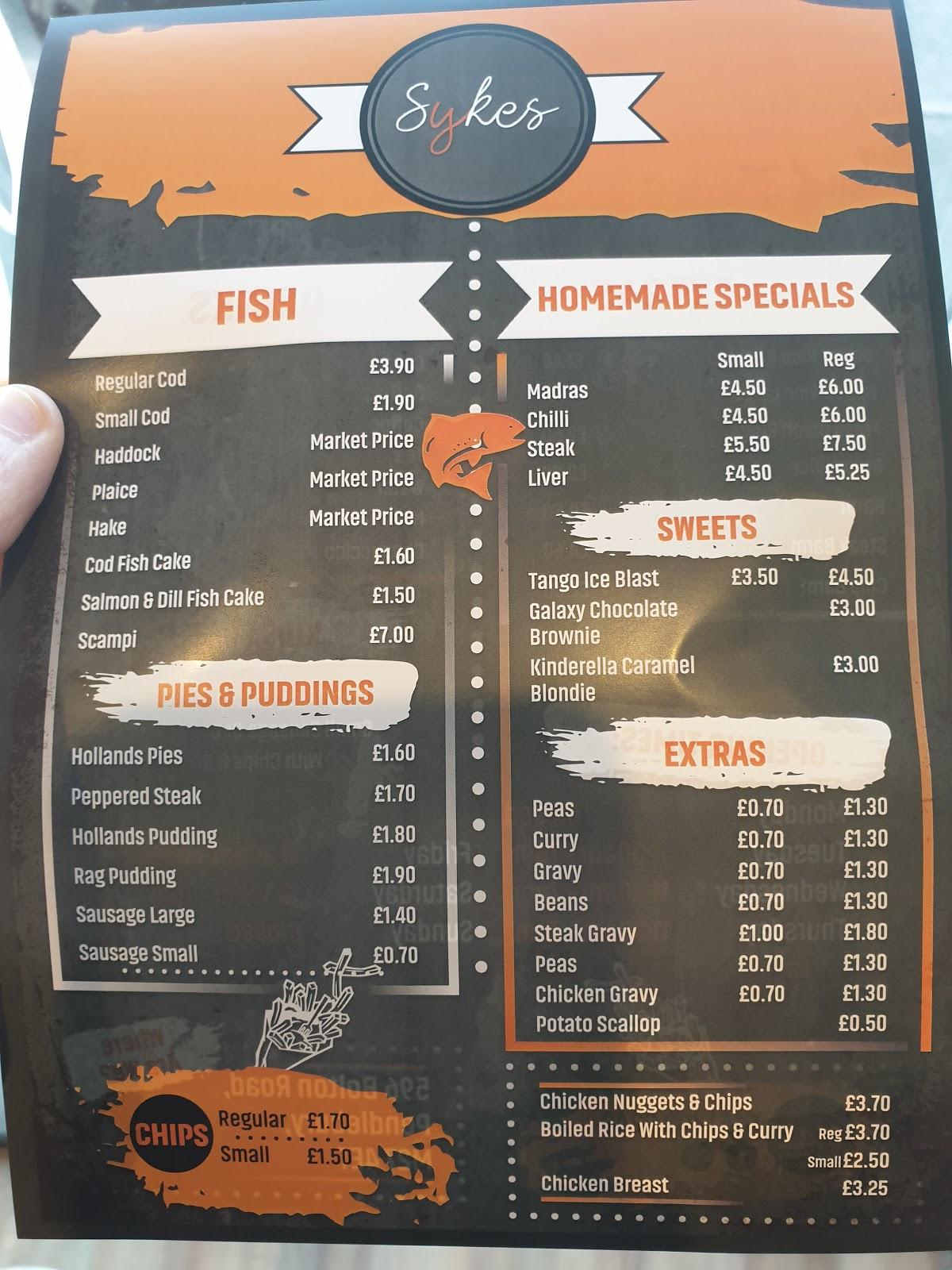 Menu at Sykes Fish & Chips restaurant, Manchester