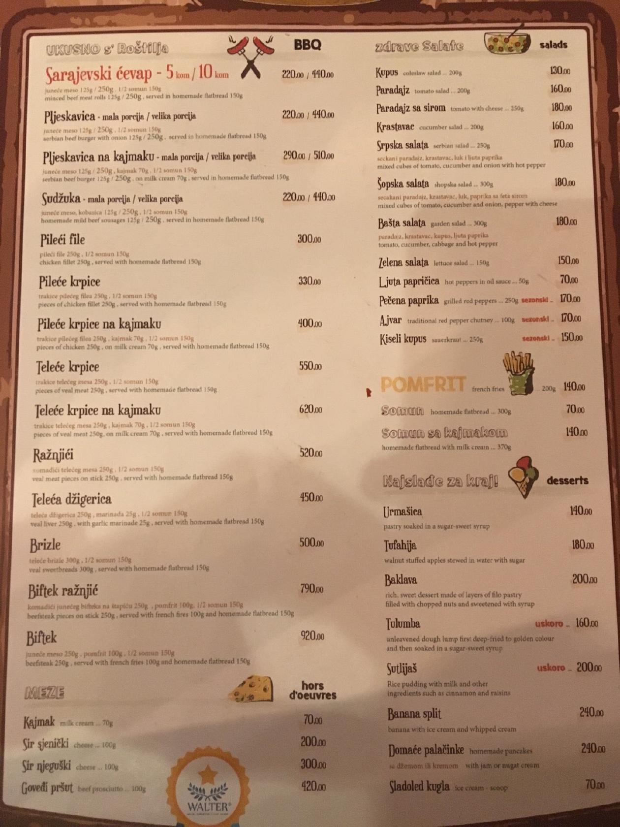 Carta del restaurante Walter, Belgrado, Strahinjića Bana 57